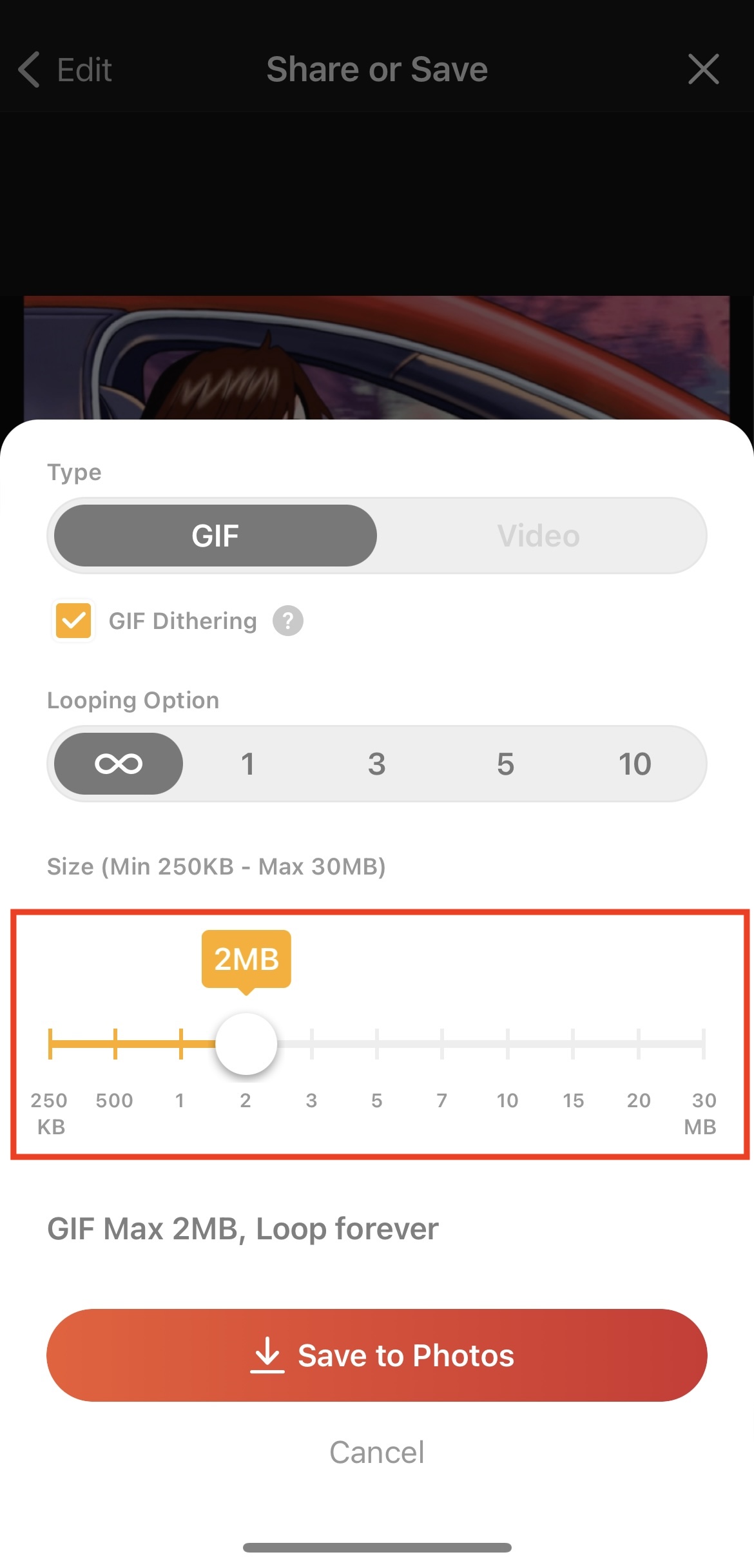 Save GIF in desired size ( MB) – ImgPlay