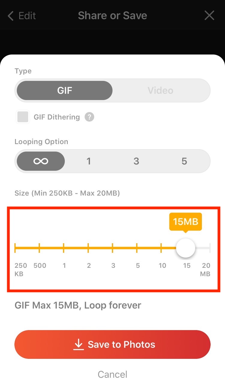 Save GIF in desired size ( MB) – ImgPlay